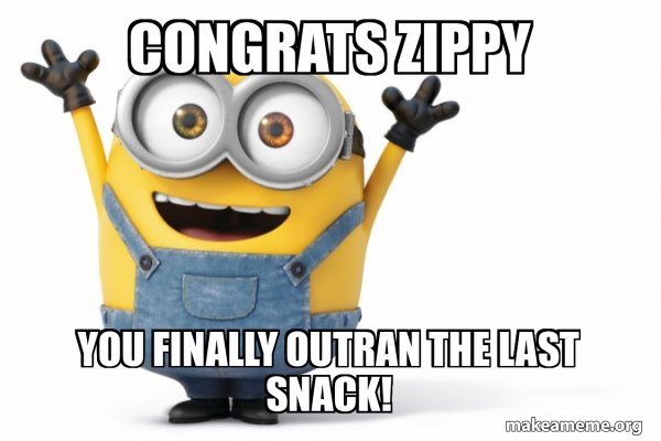 Congrats Zippy You finally outran the last snack! - Happy Minion Meme ...