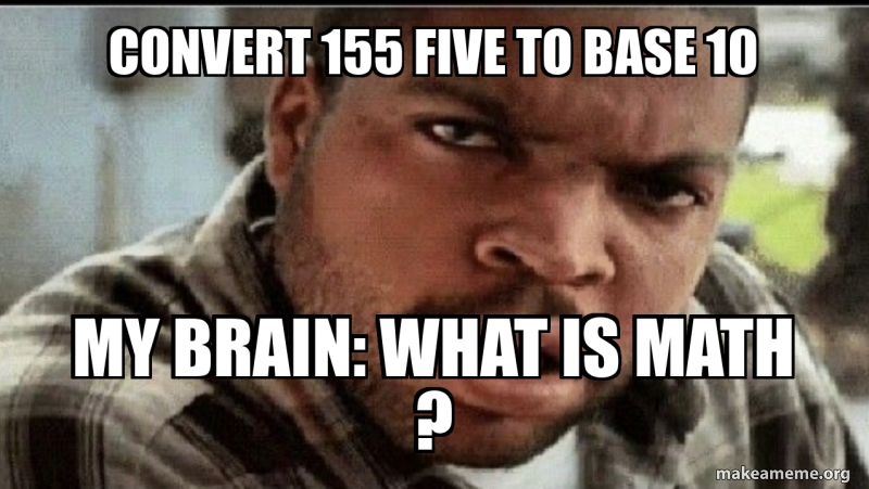 Convert 155 five to base 10 My brain: What is math ? Meme Generator