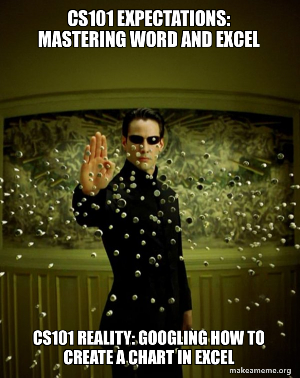 CS101 Expectations: Mastering Word and Excel CS101 Reality: Googling ...