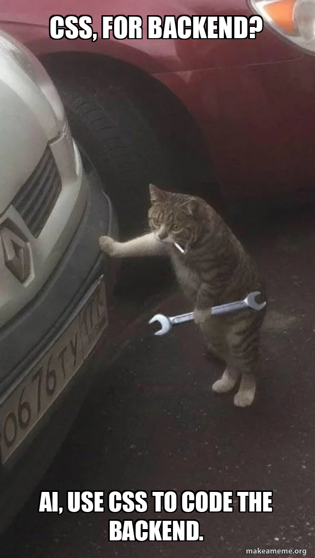 CSS, FOR BACKEND? AI, use css to code the backend. - Mechanic Cat Meme Generator