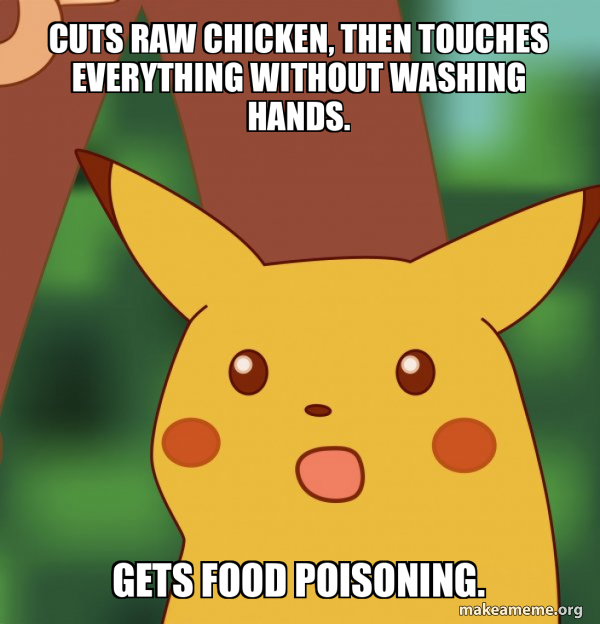 Cuts raw chicken, then touches everything without washing hands. Gets ...