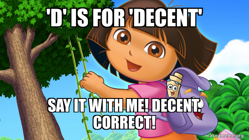 'd' is for 'decent' say it with me! Decent. Correct! Meme Generator