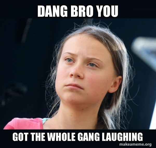 Dang bro you got the whole gang laughing - Greta Thunberg Meme Generator