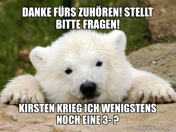 Danke fürs zuhören! Stellt bitte Fragen! Kirsten krieg ich wenigstens ...