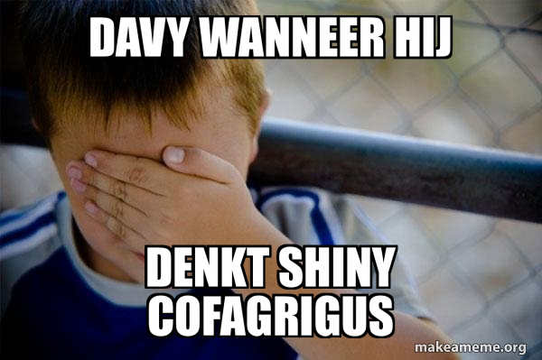 davy wanneer hij denkt shiny cofagrigus - Confession Kid Meme Generator