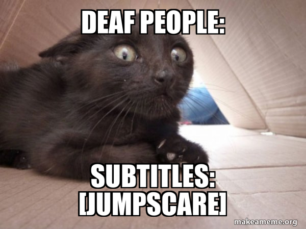 deaf people: subtitles: [jumpscare] - Schitzo Cat Meme Generator