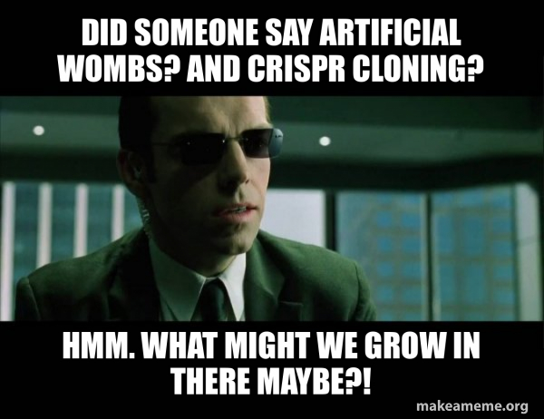 Did someone say artificial wombs? And CRISPR cloning? Hmm. What might ...