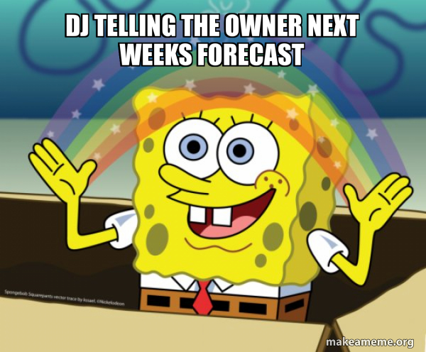 DJ telling the owner next weeks forecast - Rainbow SpongeBob Meme Generator