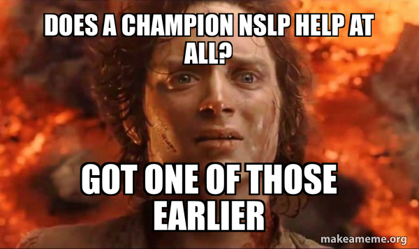Does a Champion NSLP help at all? Got one of those earlier - Frodo it's ...