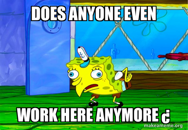 DoEs AnYoNe EvEn WoRk HeRe AnYmOrE ¿ - Mocking SpongeBob Meme Generator