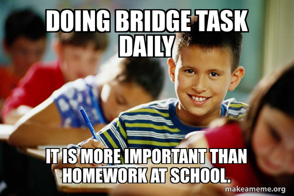 Doing bridge task daily it is more important than homework at school ...