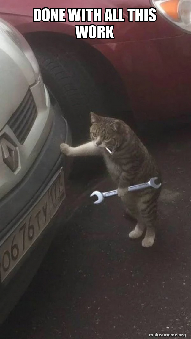 done with all this work - Mechanic Cat Meme Generator