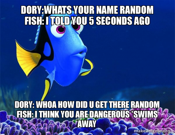 Dory:Whats your name Random fish: I told you 5 seconds ago Dory: Whoa ...