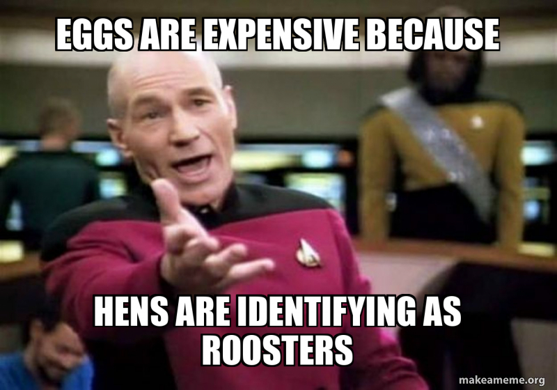 eggs are expensive because hens are identifying as roosters Meme Generator