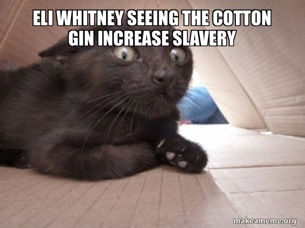 Eli Whitney seeing the Cotton Gin increase slavery - Schitzo Cat Meme ...