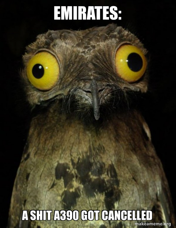 Emirates: A shit a390 got cancelled - Weird Stuff I do Potoo Meme Generator