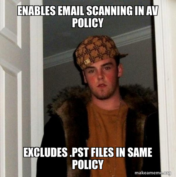 enables email scanning in av policy excludes .pst files in same policy ...
