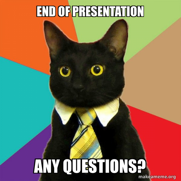 End of Presentation ANY QUESTIONS? - Business Cat Meme Generator