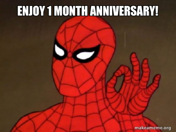 Enjoy 1 month Anniversary! - Spiderman - Care factor Zero Meme Generator