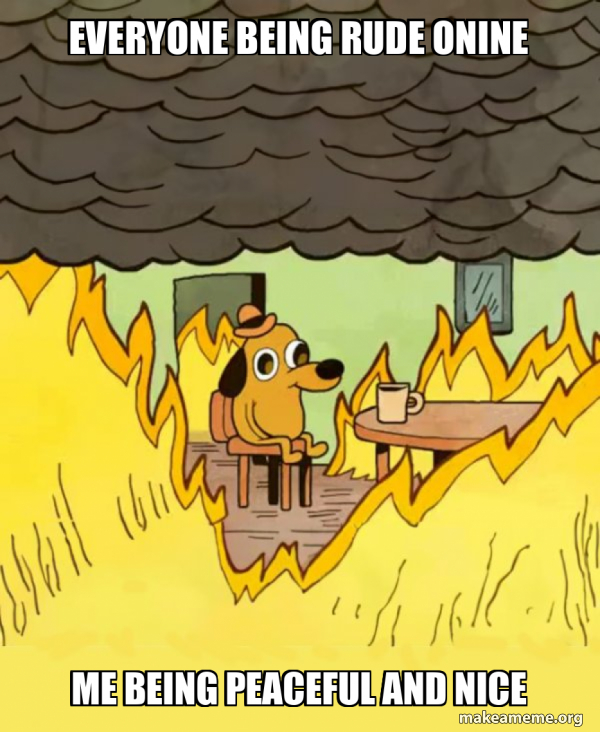 everyone being rude onine me being peaceful and nice - This Is Fine ...