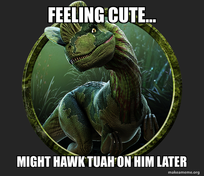 Feeling cute... Might hawk tuah on him later - Diliphosaurus Hawk Meme ...