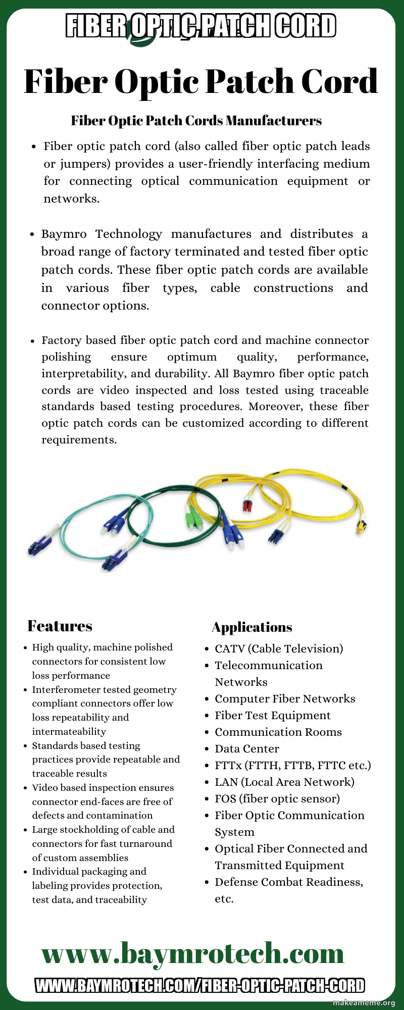 Fiber Optic Patch Cord www.baymrotech.com/fiber-optic-patch-cord - Elevate your network ...