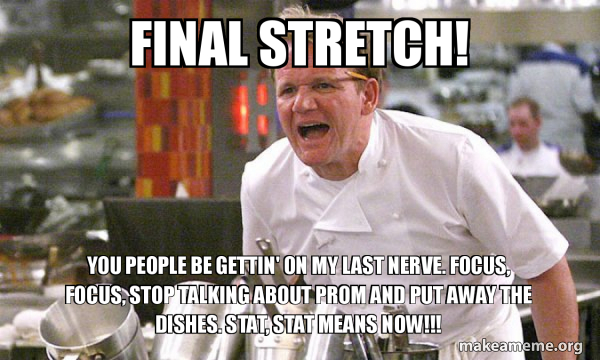 Final Stretch! You people be gettin' on my last nerve. FOCUS, Focus ...