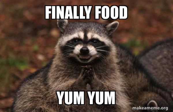 Finally food Yum yum - Evil Plotting Raccoon Meme Generator