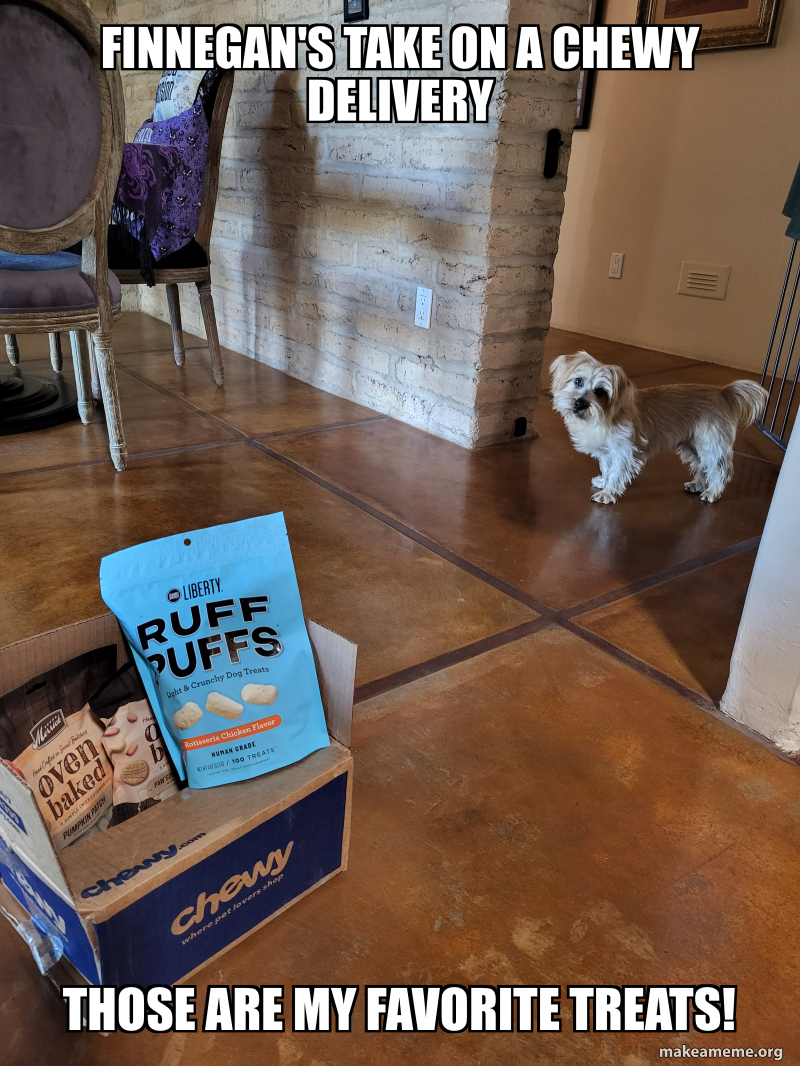 Finnegan's take on a chewy delivery Those are my favorite treats! Meme ...