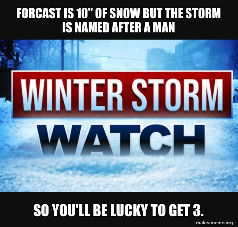 Forcast is 10" of snow but the storm is named after a man So you'll be ...