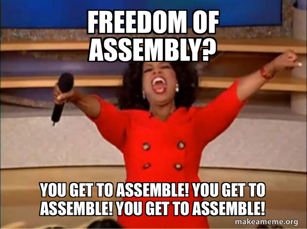 Freedom of Assembly? You get to assemble! You get to assemble! You get ...
