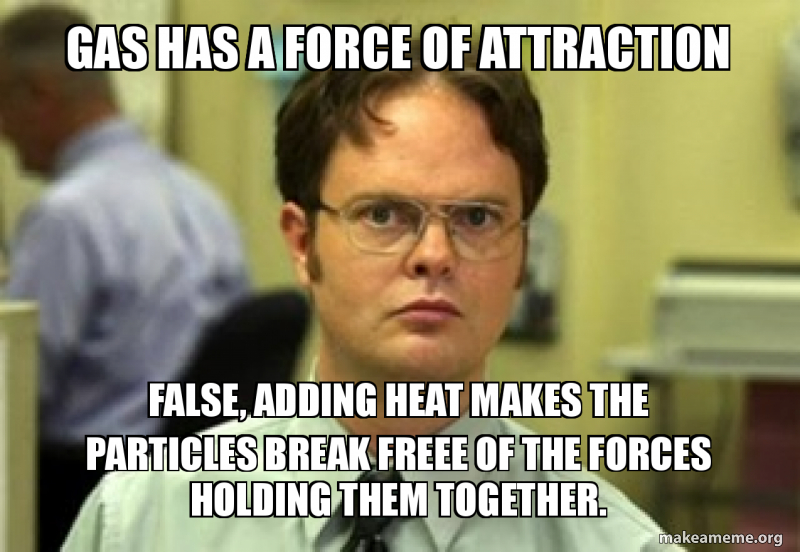 gas has a force of attraction False, adding heat makes the particles ...