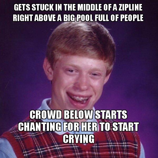 Gets stuck in the middle of a zipline right above a big pool full of ...