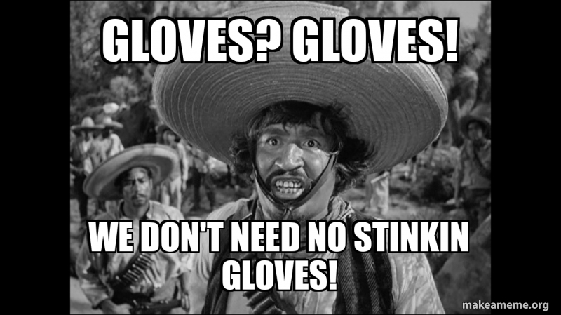 Gloves? Gloves! we don't need no stinkin gloves! Meme Generator