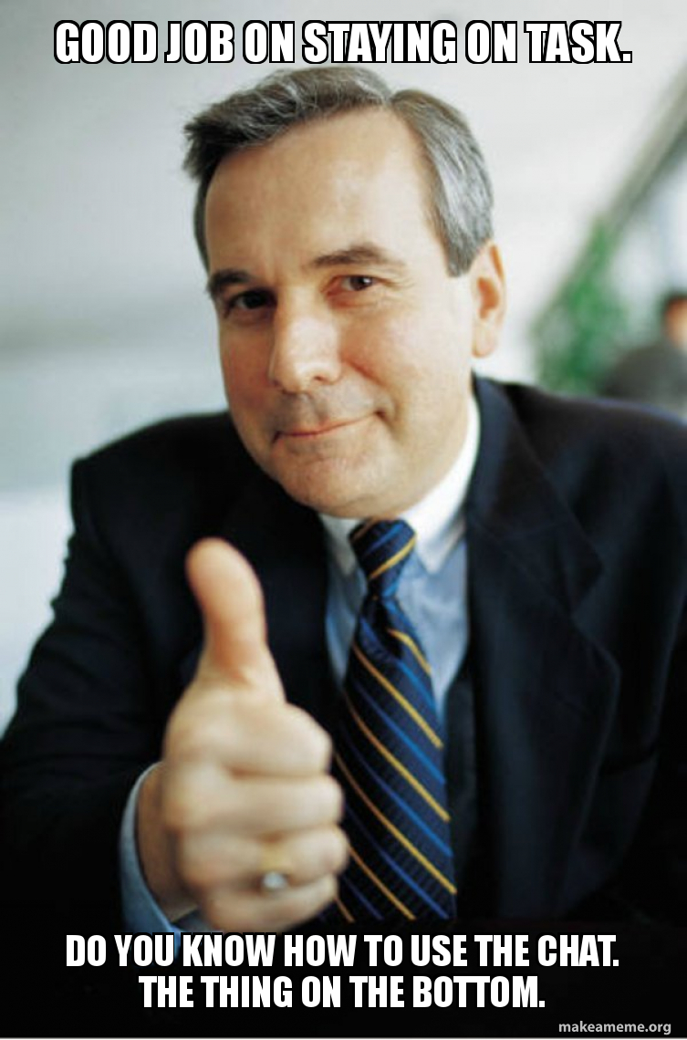 Good job on staying on task. Do you know how to use the chat. The thing ...