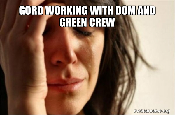 gord working with dom and green crew - First World Problems Meme Generator