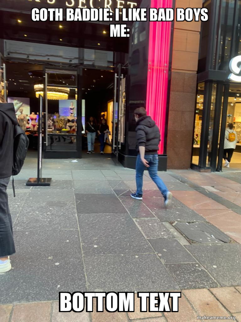 Goth BADDIE: I like Bad Boys ME: Bottom text Meme Generator