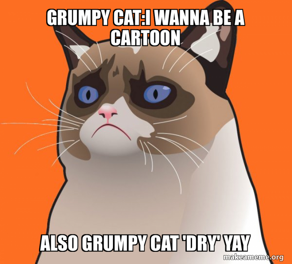 GRUMPY CAT:I WANNA BE A CARTOON ALSO GRUMPY CAT 'DRY' YAY - Cartoon Grumpy Cat Meme Generator