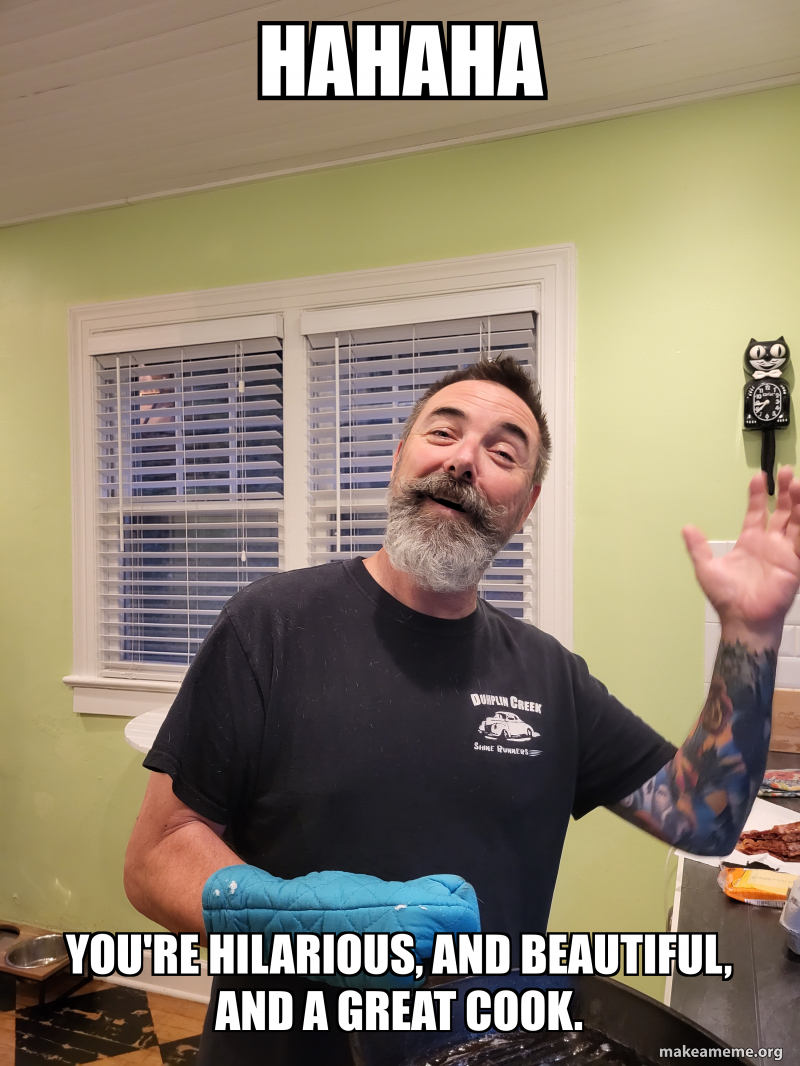 Hahaha You're hilarious, and beautiful, and a great cook. Meme Generator