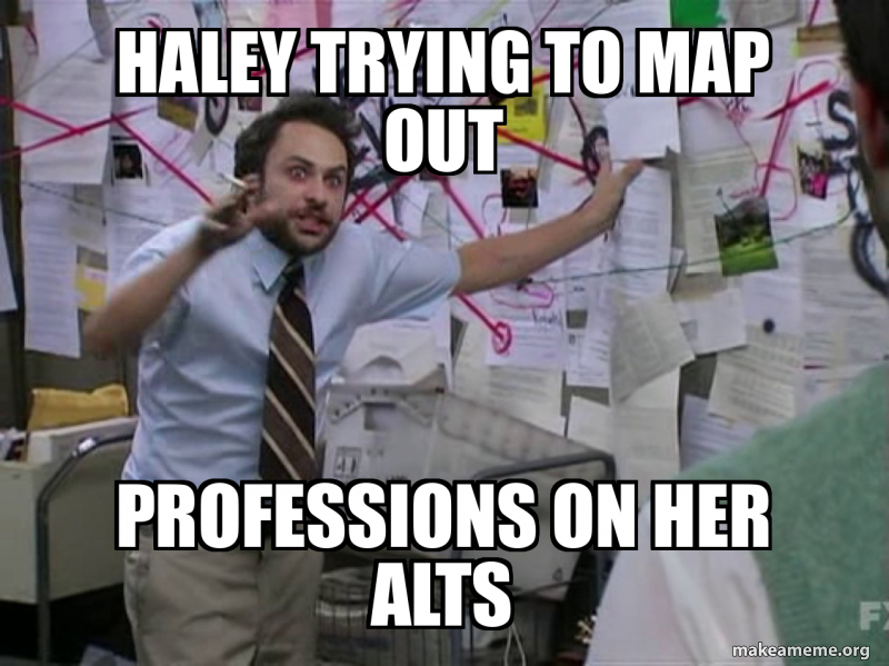 Haley trying to map out professions on her alts Meme Generator