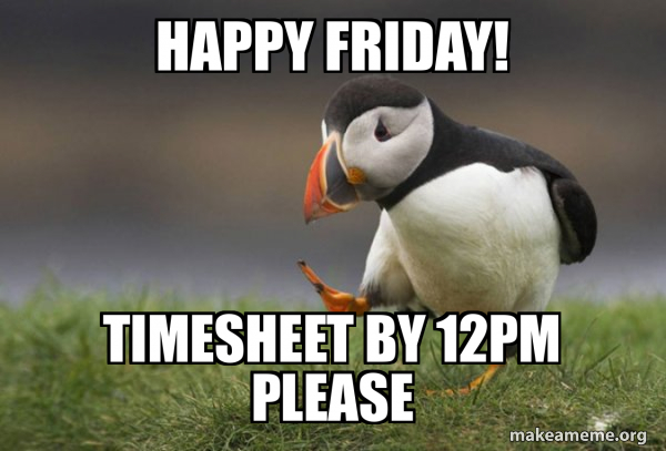 Happy Friday! Timesheet by 12pm please - Unpopular Opinion Puffin Meme ...