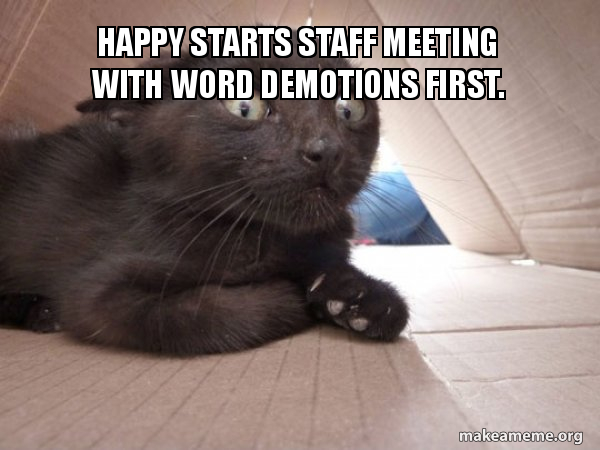 happy starts staff meeting with word demotions first. - Schitzo Cat ...