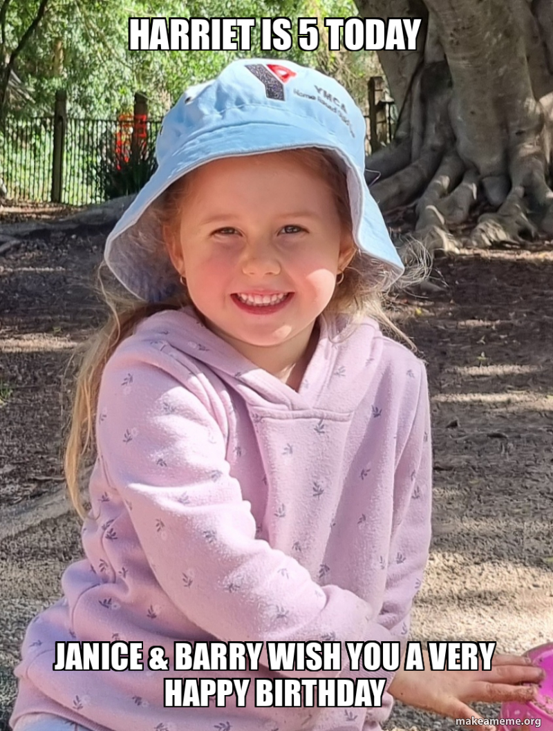 HARRIET IS 5 TODAY JANICE & BARRY WISH YOU A VERY HAPPY BIRTHDAY Meme ...