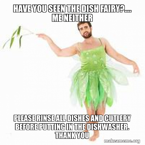 Have you seen the dish fairy?.... Me Neither please rinse all dishes ...