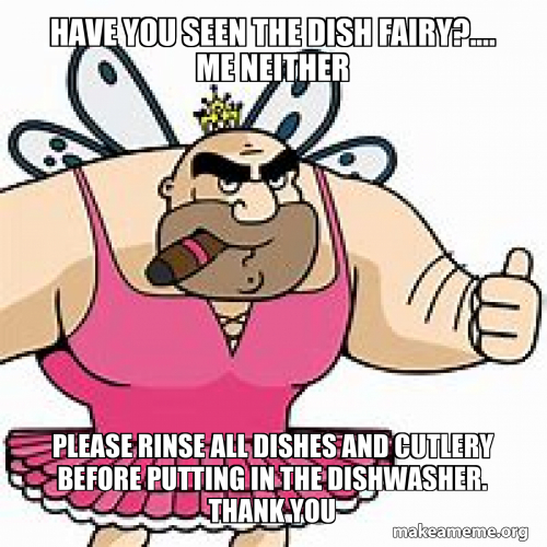 Have you seen the dish fairy?.... Me Neither please rinse all dishes ...