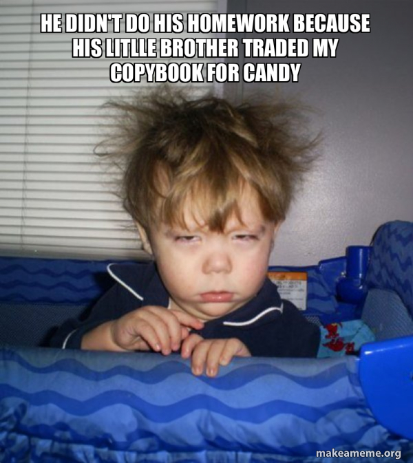 He didn't do his homework because his litlle brother traded my copybook for candy - Monday ...