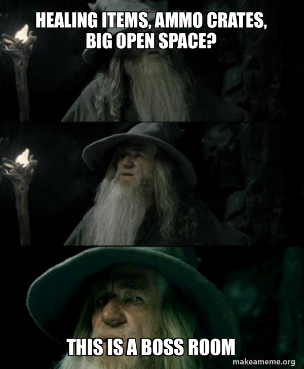 Healing items, ammo crates, big open space? this is a boss room ...