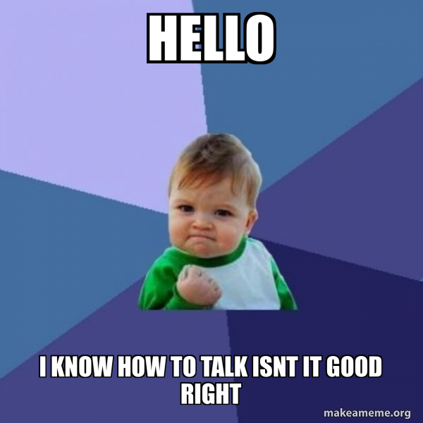 HELLO I KNOW HOW TO TALK ISNT IT GOOD RIGHT - Success Kid Meme Generator