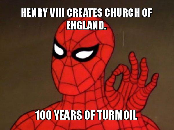 Henry VIII creates Church of England. 100 years of Turmoil - Spiderman ...