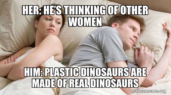 Her: he’s thinking of other women Him: plastic dinosaurs are made of real dinosaurs - Couple ...